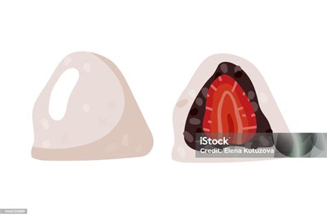 딸기 떡 팥소 떡을 곁들인 딸기 다이후쿠 전통적인 일본 디저트 건강 하 고 달콤한 간식과 플랫 벡터 그림입니다 다이후쿠는 일본 디저트입니다 0명에 대한 스톡 벡터 아트 및