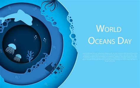 세계 해양의 날 종이 예술 개념 바다 물 생태계의 보호와 보존에 전념하는 휴일 바다 파도 물고기와 식물의 파란색 3d 종이 접기 크래프트 종이 벡터 일러스트 레이 션