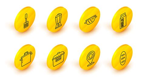 세트 라인 빵 덩어리 위치가 있는 셰프 모자 슬로우 쿠커 요리 냄비 우유 종이 패키지 주방 소쿠리 믹서기 및 주걱 아이콘 벡터 3차원 형태에 대한 스톡 벡터 아트 및 기타