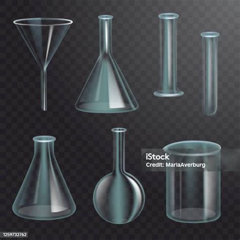 사실적인 화학 플라스크 세트 투명 빈 깔때기 전구 병 테스트 튜브 필터 어두운 투명 배경 사실적인 3d 벡터 일러스트레이션 3