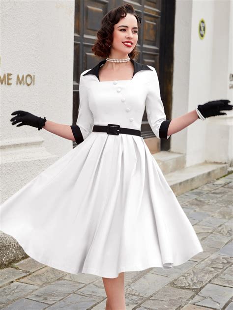Muxxn Contrast Collar Belted Dress Vintage Dress Belted Dress Cocktail Evening Dresses