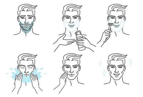 수염을 면도하고 얼굴 피부를 관리하는 남자 캐릭터 거품과 로션 면도기로 면도하십시오 뷰티 바디 케어 개념 면도에 대한 스톡 벡터