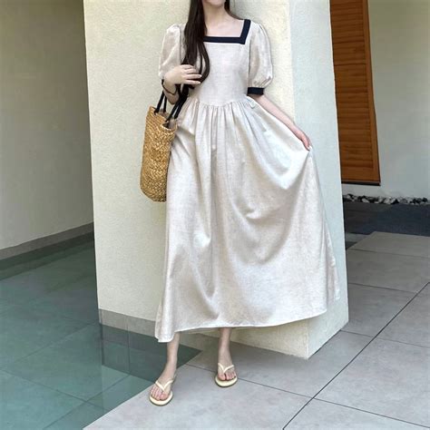 지안 휴가룩퍼프 린넨ops 베이 청순 바캉스 배색 퍼프 반팔 롱원피스 휴양지룩 편한 여름 원피스