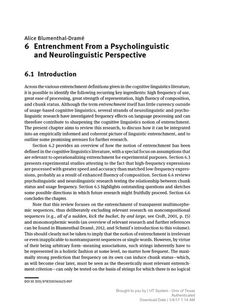 Entrenchment From A Psycholinguistic And Neurolinguistic Perspective Pdf Perception