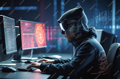 Premium Photo Side View Of Hacker Using Computers At Desk With
