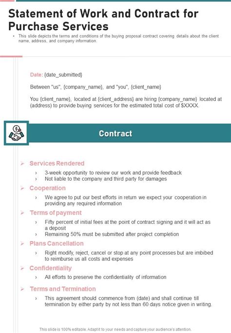 Statement Of Work And Contract For Purchase Services One Pager Sample Example Document
