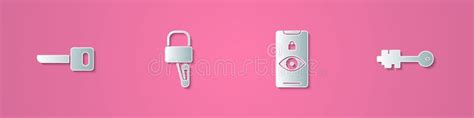 Set Paper Cut Key Lock Picks For Lock Picking Eye Scan And Old Key Icon Paper Art Style Stock