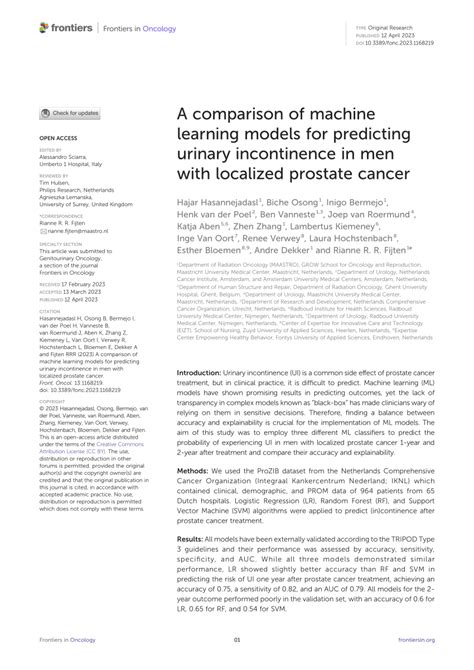 Pdf A Comparison Of Machine Learning Models For Predicting Urinary Incontinence In Men With