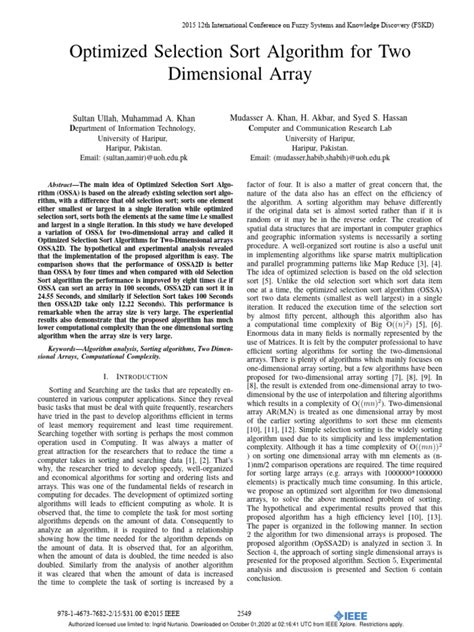 Optimized Selection Sort Algorithm For Two Dimensional Array Pdf Matrix Mathematics Time