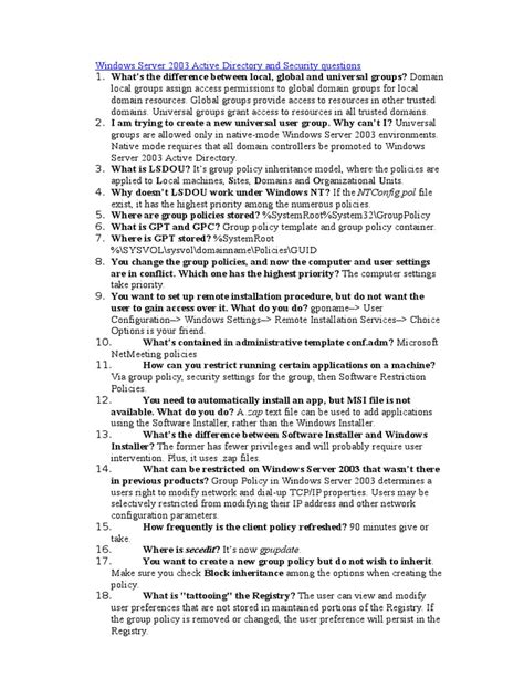 Windows Server 2003 Active Directory And Security Questions Pdf