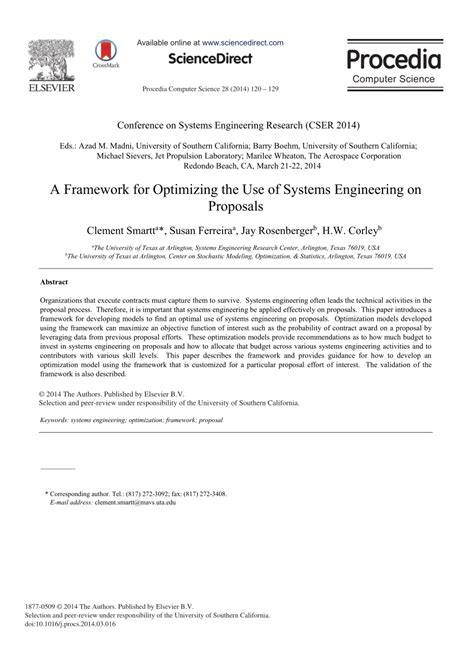 Pdf A Framework For Optimizing The Use Of Systems Engineering On Proposals