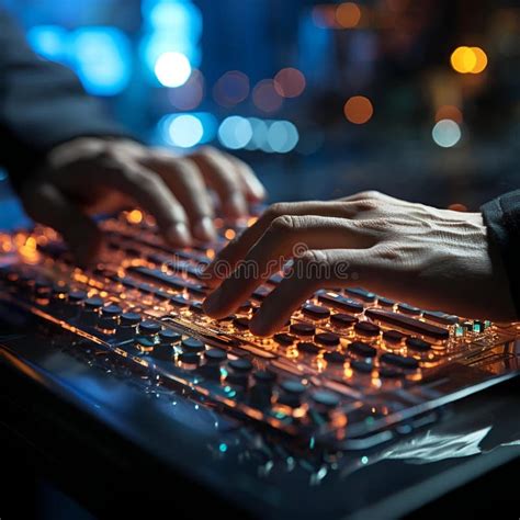 Ai Generated Illustration Of A Close Up Of Person Typing On The Backlit Keyboard Stock