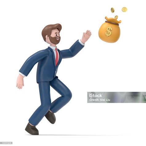 웃고 있는 수염을 기른 미국 사업가 밥이 돈 가방을 쫓는 3d 그림 흰색 배경에 3d 렌더링 가공의 인물에 대한 스톡 사진 및 기타 이미지 Istock