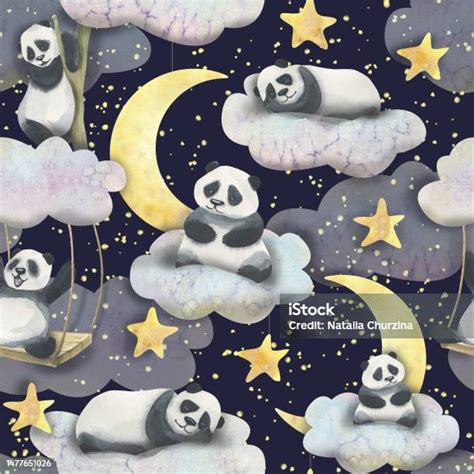 구름 위의 팬더와 진한 파란색 배경에 별과 달이 있는 하늘의 그네 수채화 그림입니다 직물 섬유 벽지 포장 포장지에 대 한 원활한