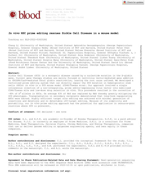Pdf In Vivo Hsc Prime Editing Rescues Sickle Cell Disease In A Mouse Model