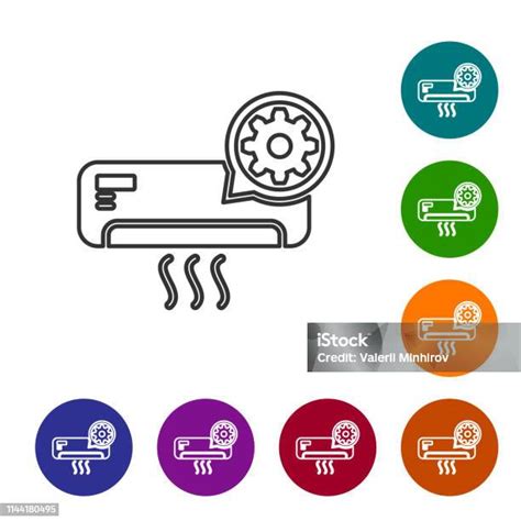 회색 에어컨 및 기어 라인 아이콘 흰색 바탕에 조정 응용 프로그램 서비스 개념 설정 옵션 유지 보수 수리 고정 컬러 서클 버튼에