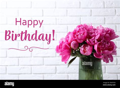 Happy Birthday Bouquet Of Beautiful Peonies In Vase Near White Brick