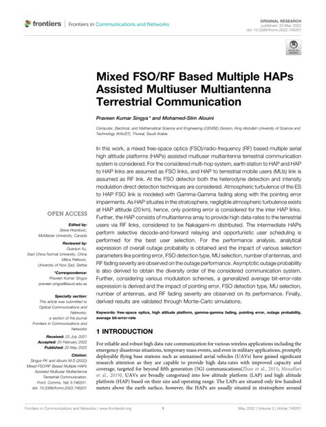 Pdf Mixed Fso Rf Based Multiple Haps Assisted Multiuser Multiantenna Terrestrial Communication