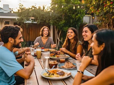 A Diverse Group Of People Eating Around A Table Outside At The