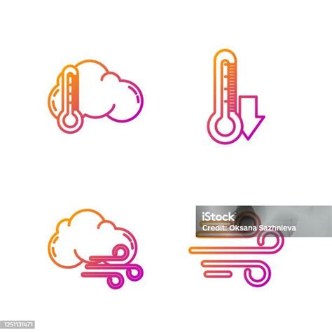 세트 라인 바람 바람이 부는 날씨 온도계 및 구름과 온도계 그라데이션 색상 아이콘입니다 벡터 0명에 대한 스톡 벡터 아트 및 기타 이미지 Istock