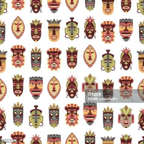민족 아프리카 마스크 배경입니다 우드 마스크 티키 의식 예술 부족 하와이 얼굴 토템 다채로운 Boho 패브릭 인쇄 템플릿 고급 벡터 원활한 패턴 티키에 대한 스톡 벡터 아트