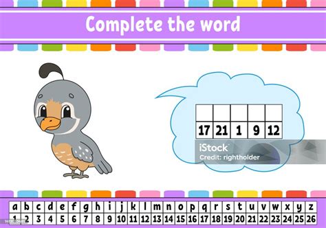 단어를 완료합니다 암호 코드 어휘와 숫자를 학습 교육 워크 시트 영어 공부를 위한 액티비티 페이지 격리된 벡터 그림입니다 만화 캐릭터 0명에 대한 스톡 벡터 아트 및 기타
