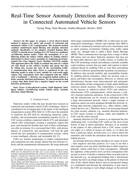 Pdf Real Time Sensor Anomaly Detection And Recovery In Connected Automated Vehicle Sensors