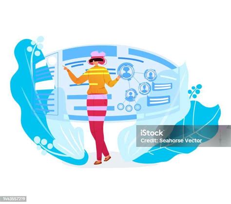 미래의 디지털 비즈니스 개념 여성 캐릭터 제어 가상 현실 디스플레이 모니터 는 흰색 평면 벡터 일러스트레이션에 고립 가정의 방에