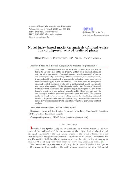Pdf Novel Fuzzy Based Model On Analysis Of Invasiveness Due To Dispersal Related Traits Of Plants