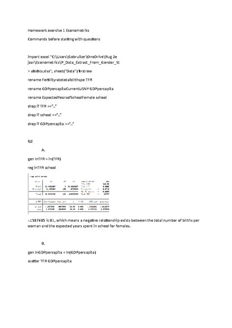 Homework Exercise 1 Econometrics Homework Exercise 1 Econometrics Commands Before Starting