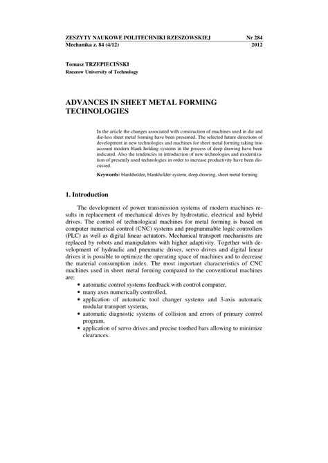 Pdf Advances In Sheet Metal Forming Technologies