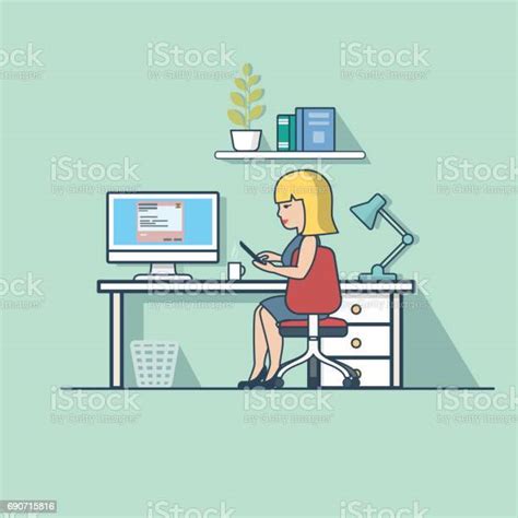 선형 평면 오피스 룸 가구 여자 커피 브레이크 있고 전화 벡터 일러스트 레이 션에 채팅을 설정 합니다 사무실 생활 개념입니다