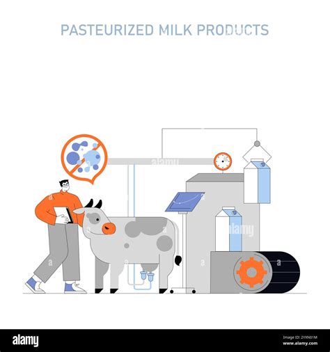 Pasteurization Process Illustration A Man Oversees The Transformation From Cow Milk To Packaged