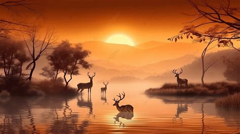 물에 사슴 일몰시 자연 배경 화면 3d 현대 캔버스 아트 벽화 벽지 풍경 호수 배경 황금 사슴과 크리스마스 트리 고화질 사진 사진 배경 일러스트 및 사진 무료 다운로드