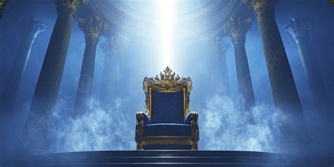 깊은 파란색의 고대 홀에 우뚝 솟은 기둥으로 둘러싸인 복잡한 금색과 파란색 세부 사항이 있는 장엄한 왕좌 배경은 안개가 자욱한 빛으로 덮여 있습니다 위엄 있는 왕좌