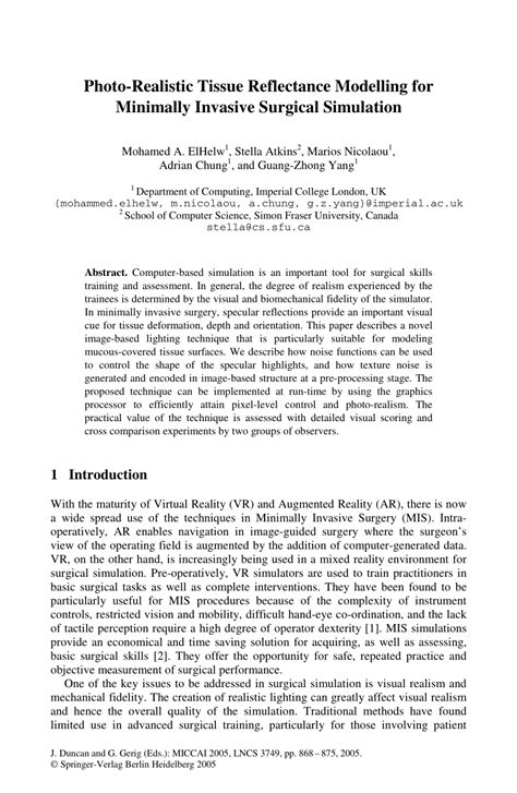 Pdf Photo Realistic Tissue Reflectance Modelling For Minimally Invasive Surgical Simulation