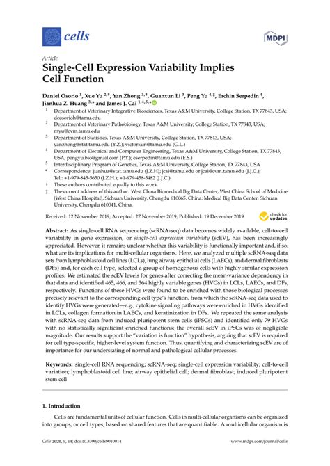 Pdf Single Cell Expression Variability Implies Cell Function