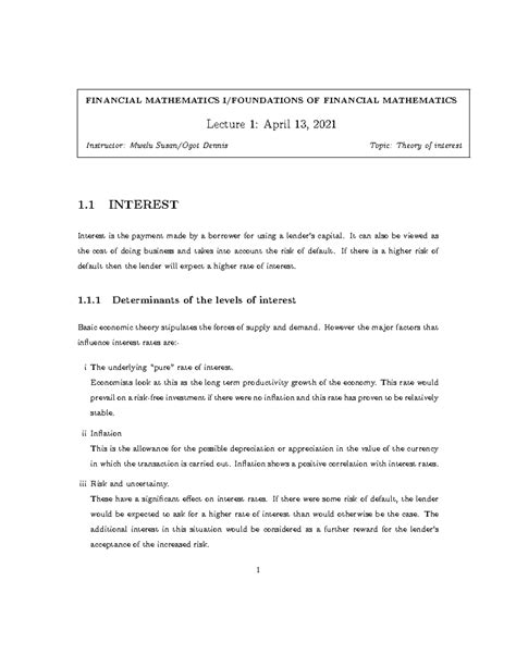 Lecture Notes Dgyusjh Financial Mathematics I Foundations Of Financial Mathematics Lecture 1