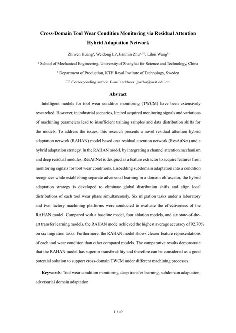 Pdf Cross Domain Tool Wear Condition Monitoring Via Residual Attention Hybrid Adaptation Network