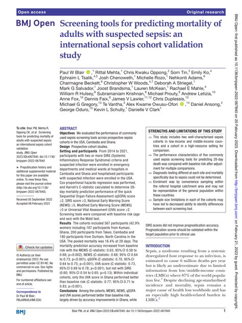 Pdf Screening Tools For Predicting Mortality Of Adults With Suspected Sepsis An International