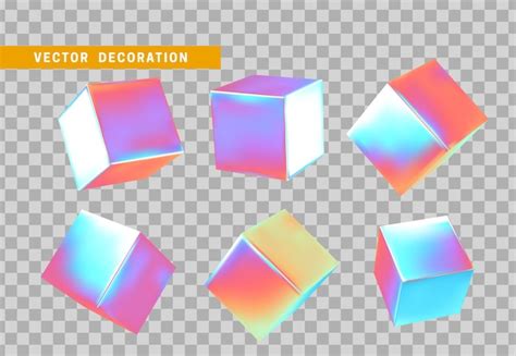 큐브 세트는 화려한 홀로그램 카멜레온 색상 그라데이션으로 격리된 3차원 기하학적 모양입니다 3d 개체 블록 벡터 일러스트