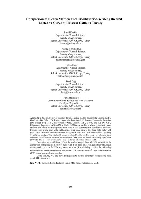Pdf Comparison Of Eleven Mathematical Models For Describing The First Lactation Curve Of