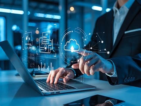 Businessman Using Laptop With Cloud Computing Interface Stock Illustration Illustration Of