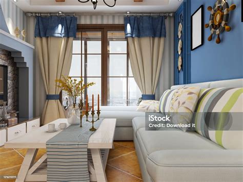 3d 렌더링 소파 커피 테이블 장식 그림 등이있는 파란색 지중해 스타일의 거실 디자인 0명에 대한 스톡 사진 및 기타 이미지 Istock