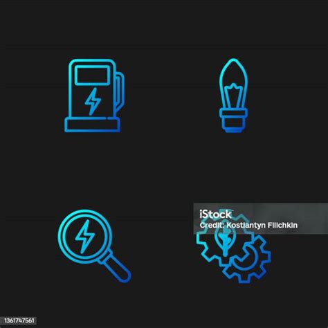 기어 기계 번개 볼트 전기 자동차 충전소 및 전구에 라인 리프 공장을 설정합니다 그라데이션 색상 아이콘입니다 벡터 검색에 대한 스톡 벡터 아트 및 기타 이미지 Istock