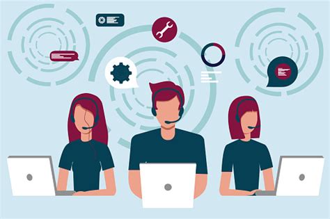 벡터 그림입니다 고객 지원 핫라인 운영자는 컴퓨터에 헤드셋을 고객에게 조언 24 7 글로벌 온라인 기술 지원 콜 센터 콜 처리 시스템 고객 서비스 담당자에 대한 스톡 벡터