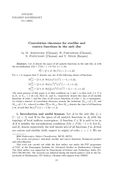 Pdf Convolution Theorems For Starlike And Convex Functions In The