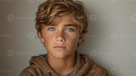 A Young Boy With Light Brown Hair And Bright Blue Eyes Looks Intently