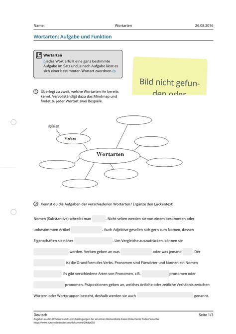 Arbeitsblatt Wortarten Deutsch Allgemeine Hochschulreife Tutory De