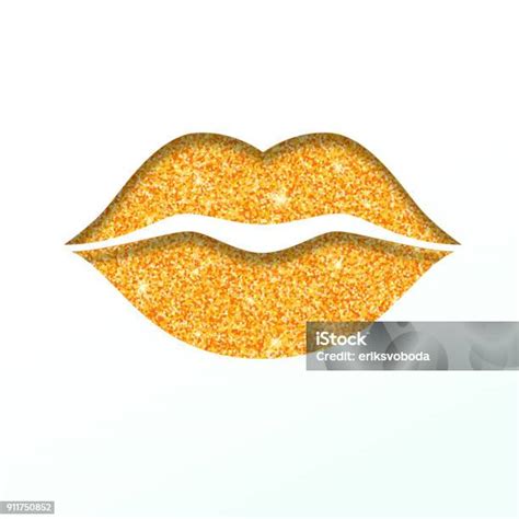 흰색 배경에 고립 반짝이 효과 있는 입술 아이콘입니다 입 벡터 그림의 노란색 개요 아이콘입니다 골든 입자 먼지에서 키스의 상징